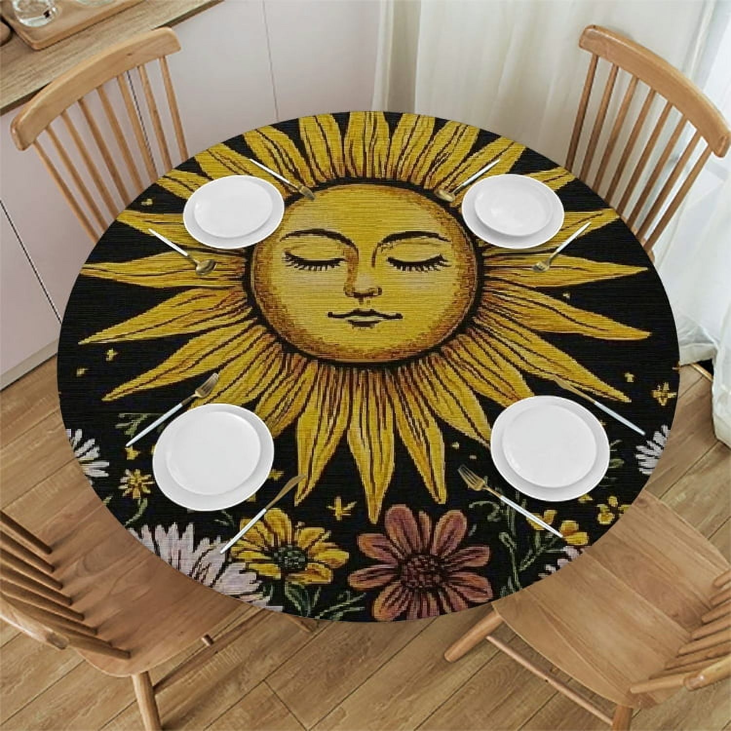 Autua Sun Moon Flowers Round Tablecloth Stain-Resistant 100% Polyester ...