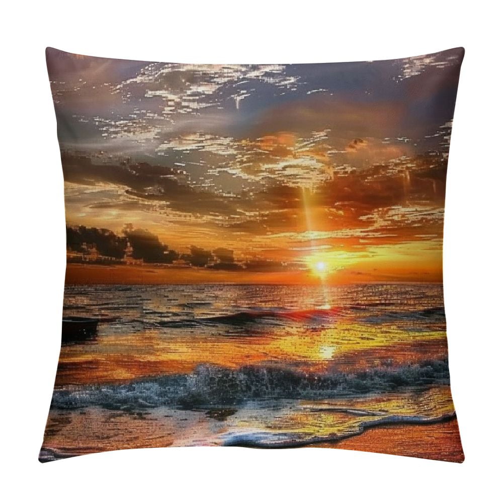 Autua Sunset Ocean Boat Graphic Decorative Pillow Cover for Home Couch ...