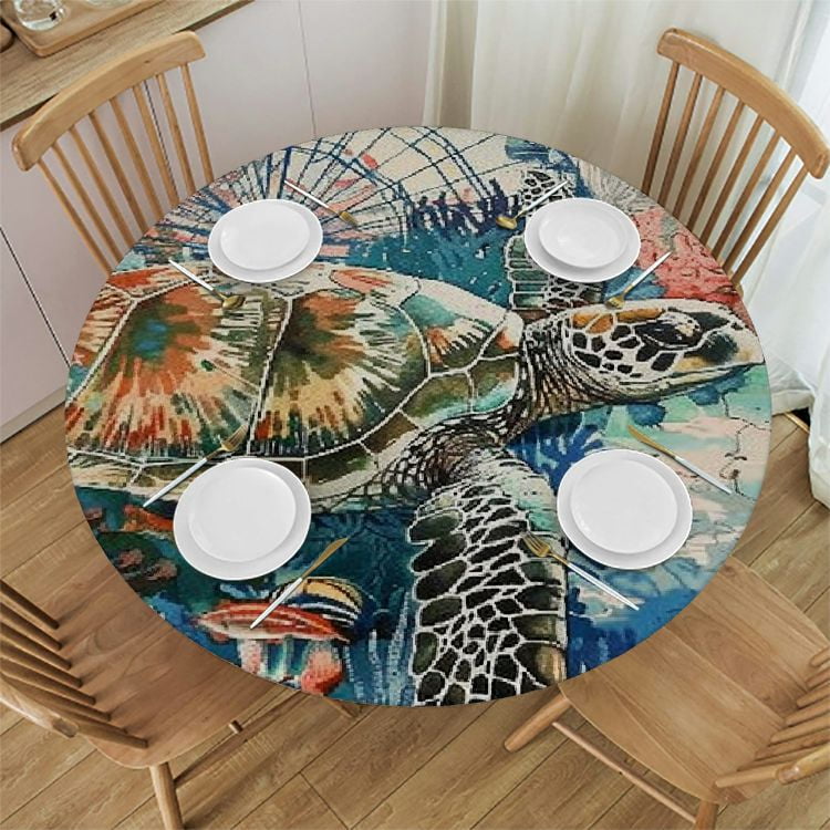 Autua Turtle Coral Reef Round Tablecloth | Stain Resistant, Washable ...
