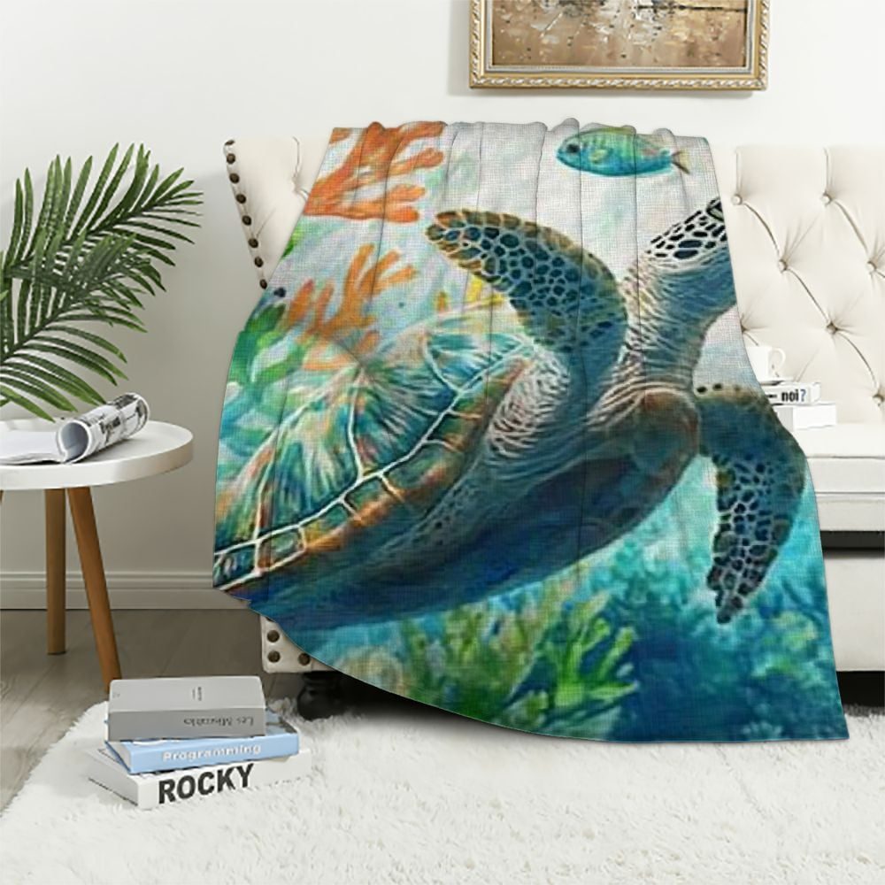 Autua Turtle Fish Ocean Theme Warm Lightweight Fleece Blanket Soft Throw Blanket for Living ...