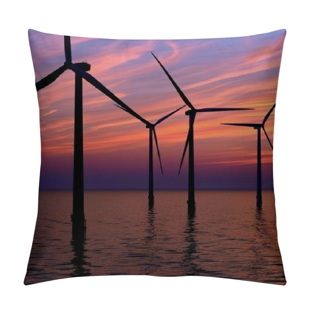 Autua Wind Turbines Ocean Sunset Graphic Decorative Pillow Cover Short ...