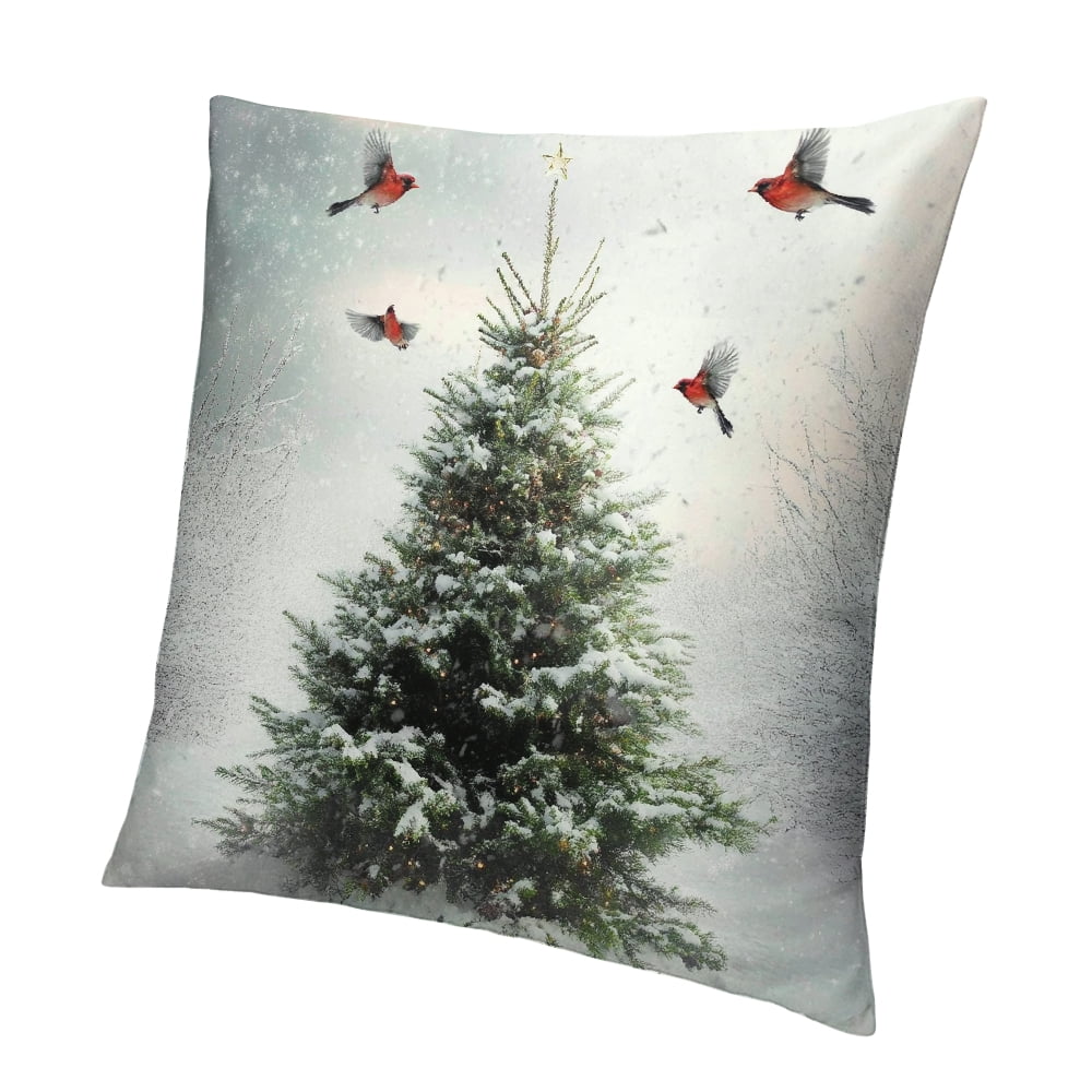 Autua Winter pillowcase Snowy natural forest upholstery pillowcase Pine and cardinal bird ...