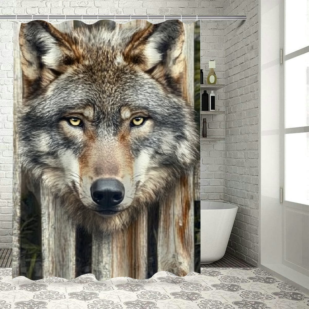 Autua Wolf Wooden Fence Sad Bathroom Shower Curtain Set with Hooks 100% ...