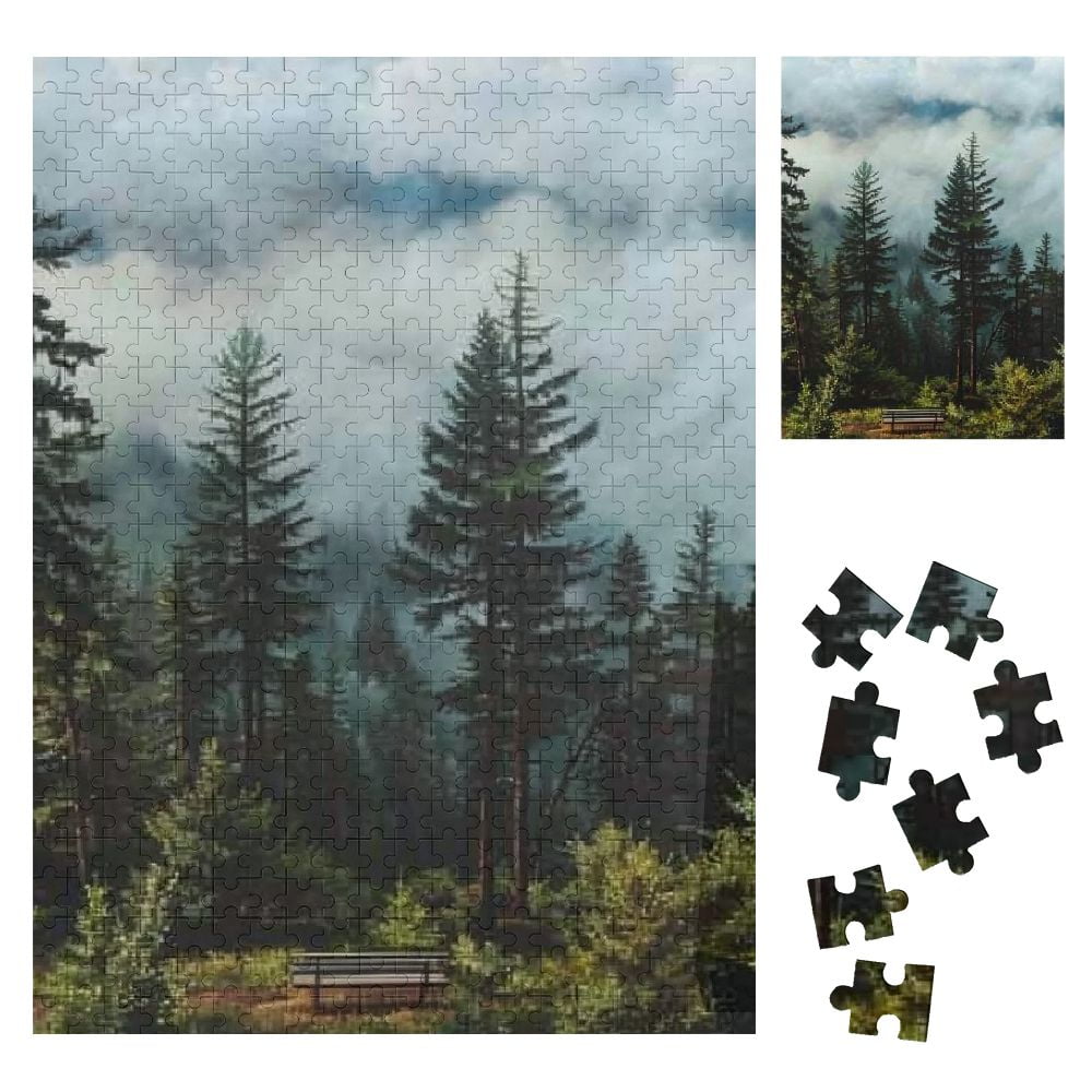 Autua Wooden Jigsaw Puzzle - Trees Clouds Bench Vertical Impossible ...