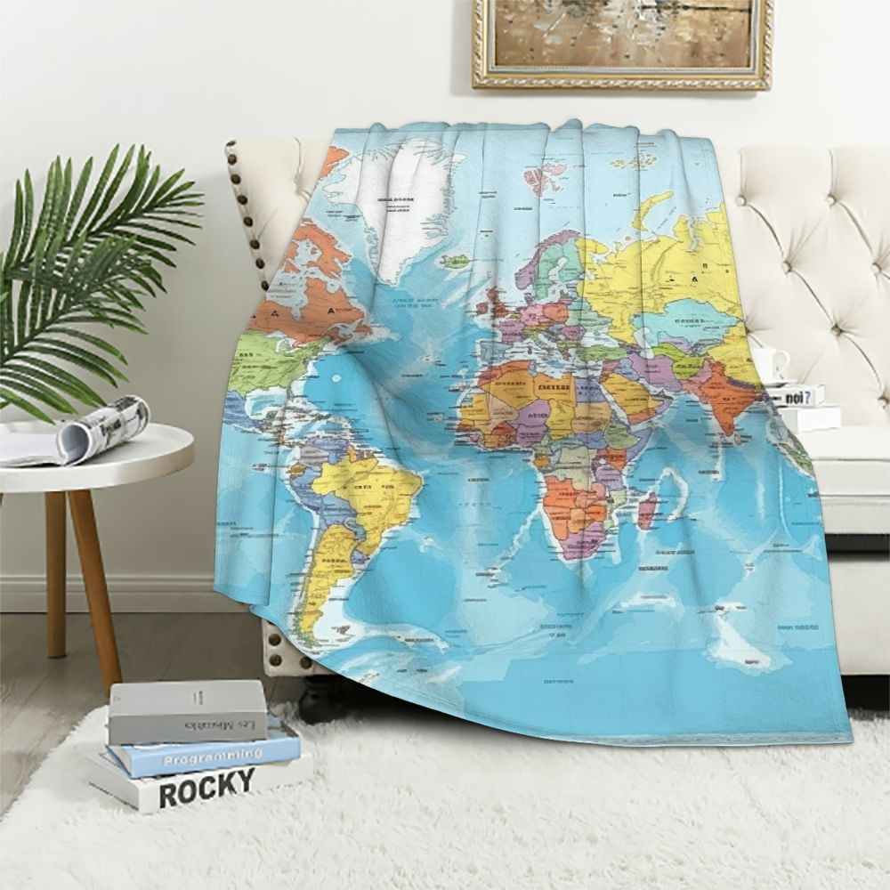 Autua World Map Countries Major Cities Warm Lightweight Blanket Soft ...