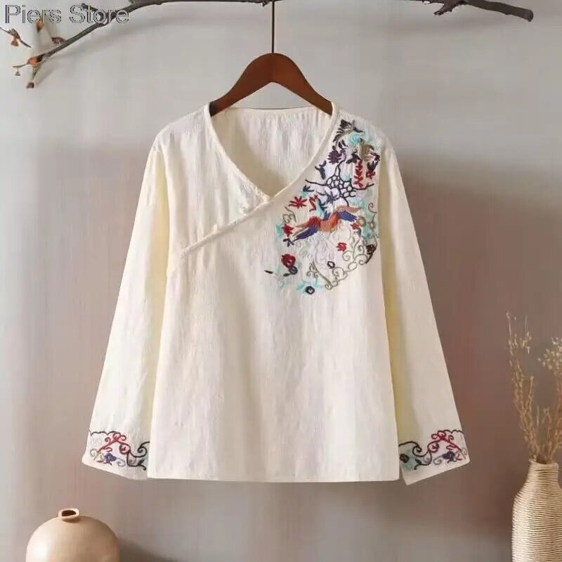 Autum Woman Traditional Clothing Top Retro Flower Print Hanfu Top Women ...