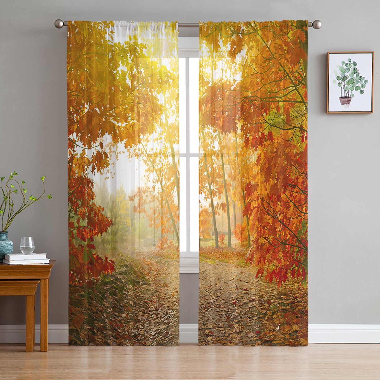 Autumn Abstract Woodland Fallen Leaves Tulle Sheer Curtains for Living ...