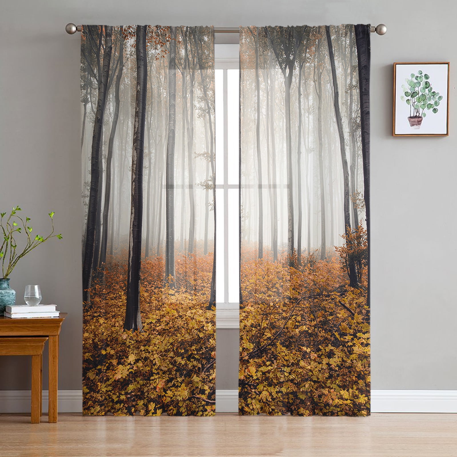 Autumn Abstract Woodland Fallen Leaves Tulle Sheer Curtains for Living ...