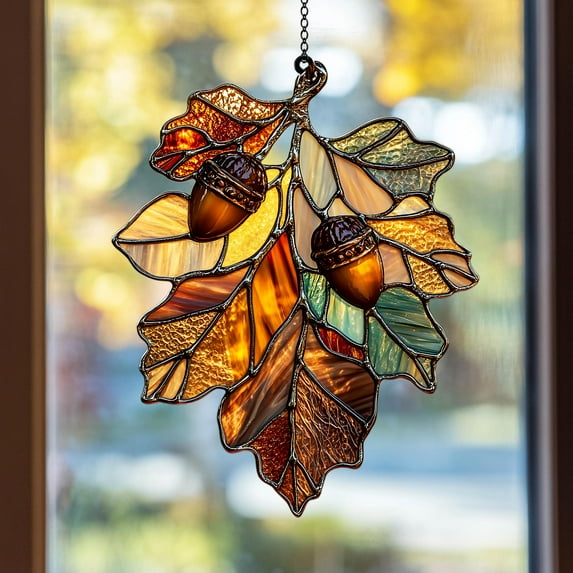 Autumn Acorn & Oak Leaf Acrylic Window Hanging | Woodland Faux Stained ...
