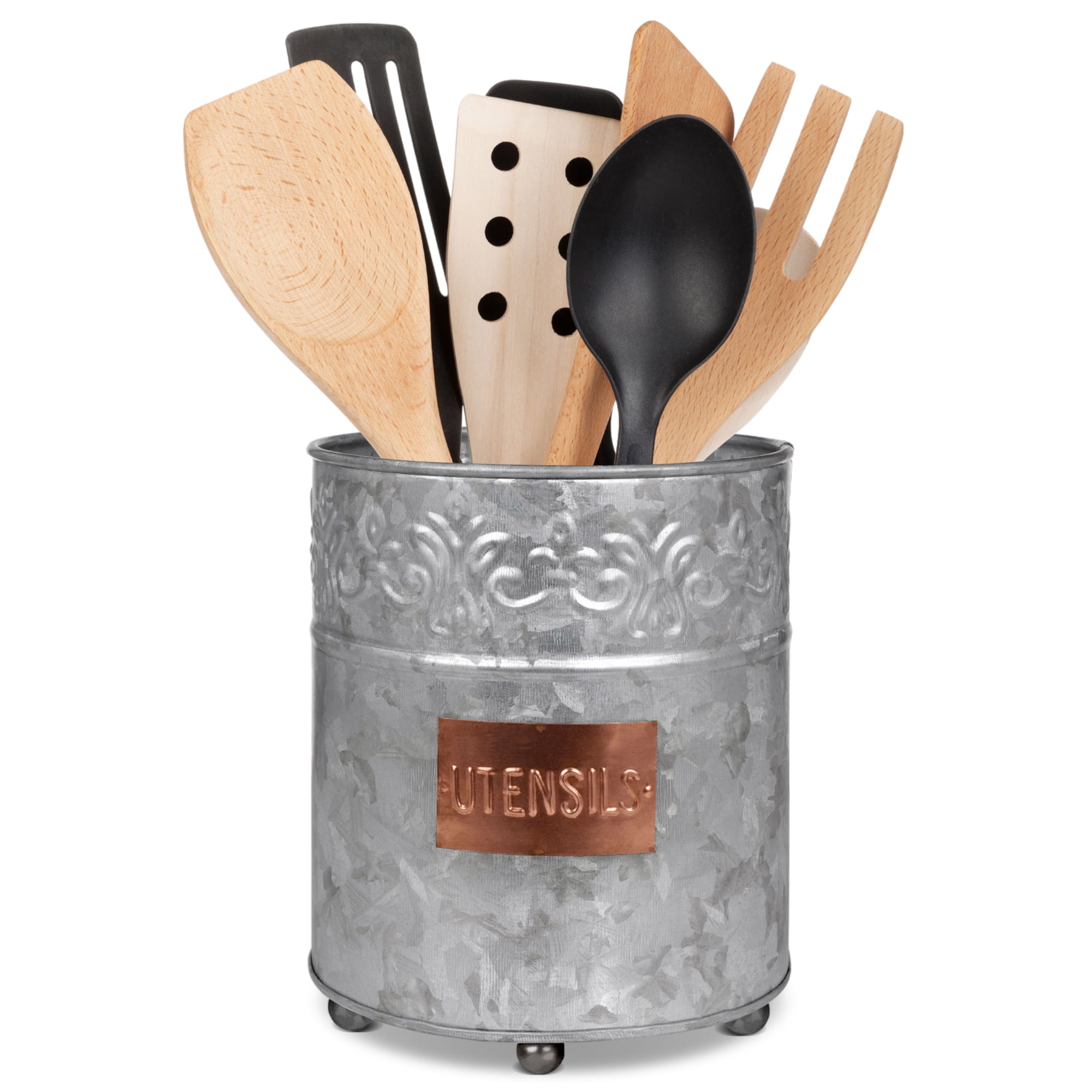 Autumn Alley Galvanized Round Utensil Holder with Embossed Copper Label ...
