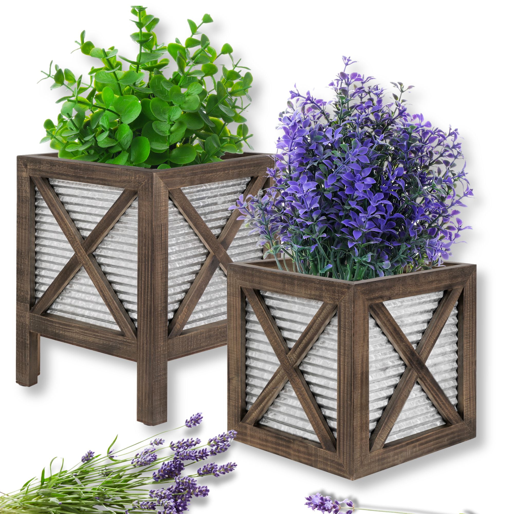 Autumn Alley Large Rustic Farmhouse Style Metal & Wood Planter Set, 2 ...