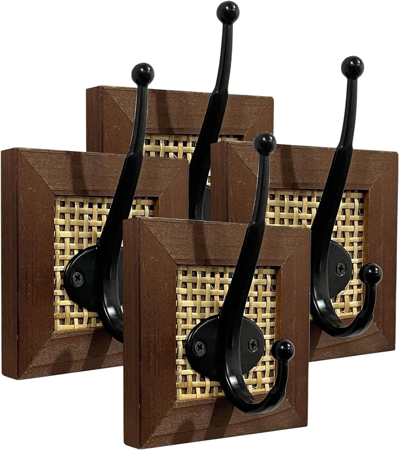 Autumn Alley Rustic Wall Hooks with Rattan Design – Set of 4 Decorative ...