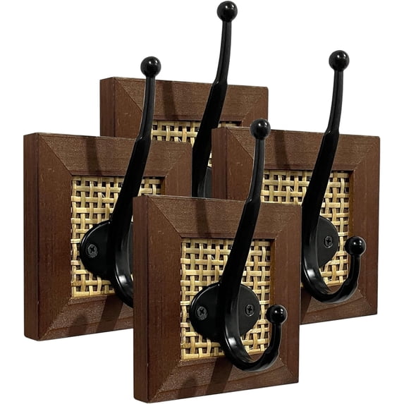 Autumn Alley Rustic Wall Hooks with Rattan Design – Set of 4 Decorative ...