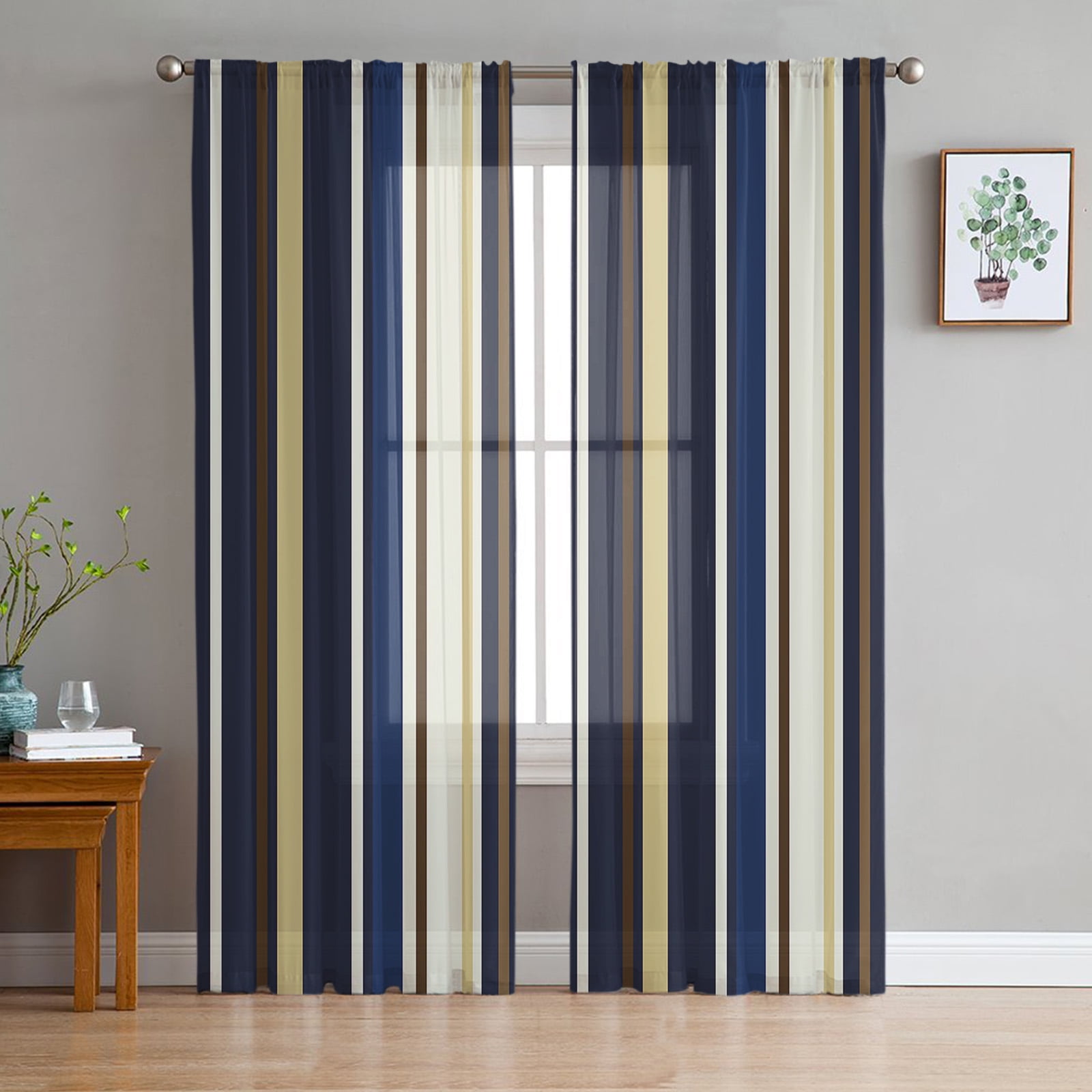 Autumn And Winter Stripes Simple Navy Blue Voile Sheer Curtains Living ...