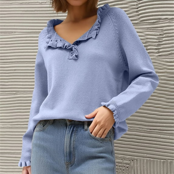 Autumn And Winter Women's Knitting New Casual Long Sleeve Button Ruffle ...