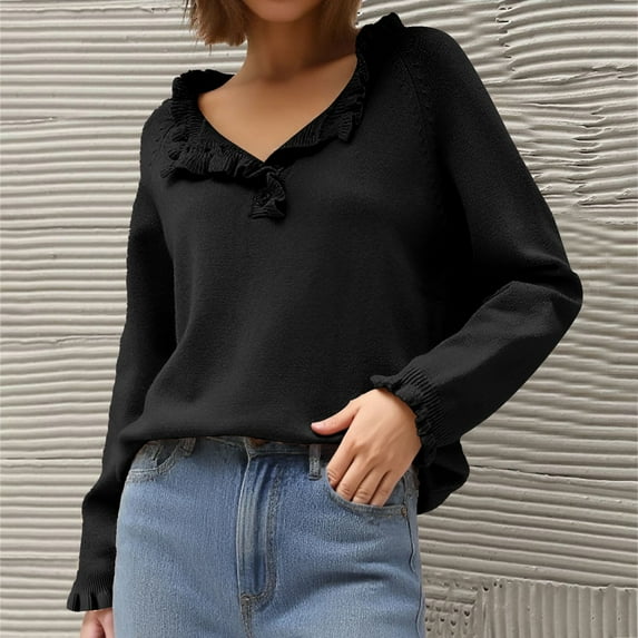 Autumn And Winter Women's Knitting New Casual Long Sleeve Button Ruffle Pullover Sweater ...