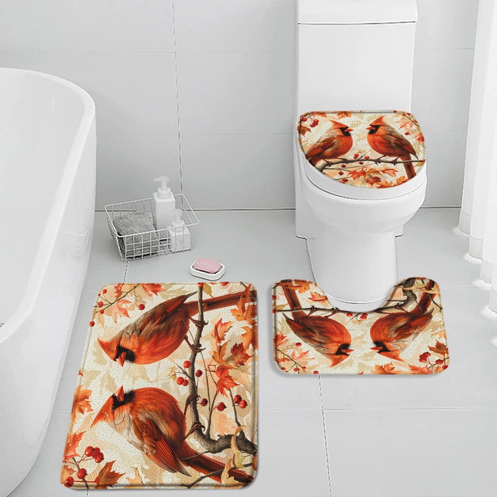 Autumn Bath Mat Set Pumpkins Maple Leaf Red Birds Fall Green Plant ...