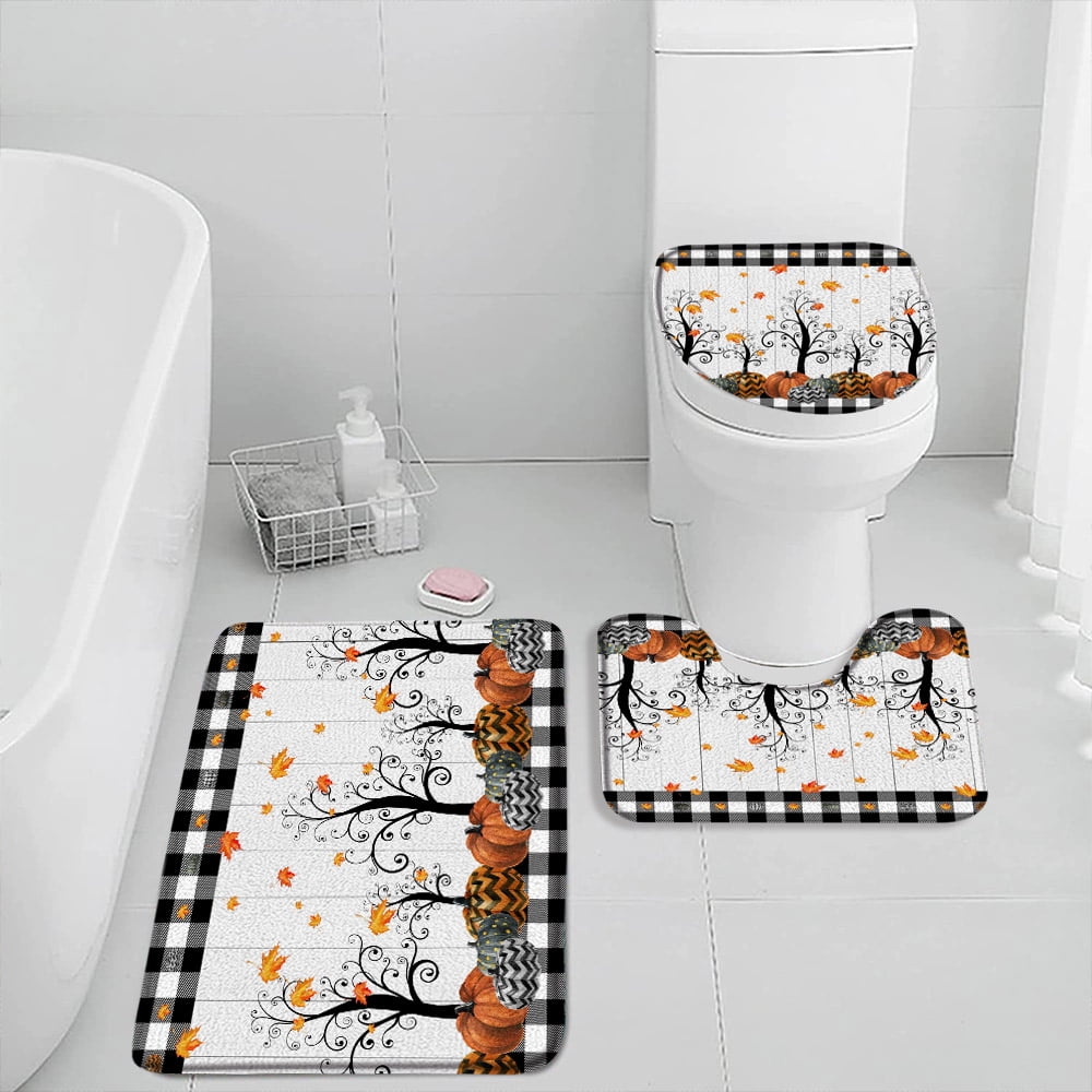 Autumn Bath Mat Set Pumpkins Maple Leaf Red Birds Fall Green Plant ...