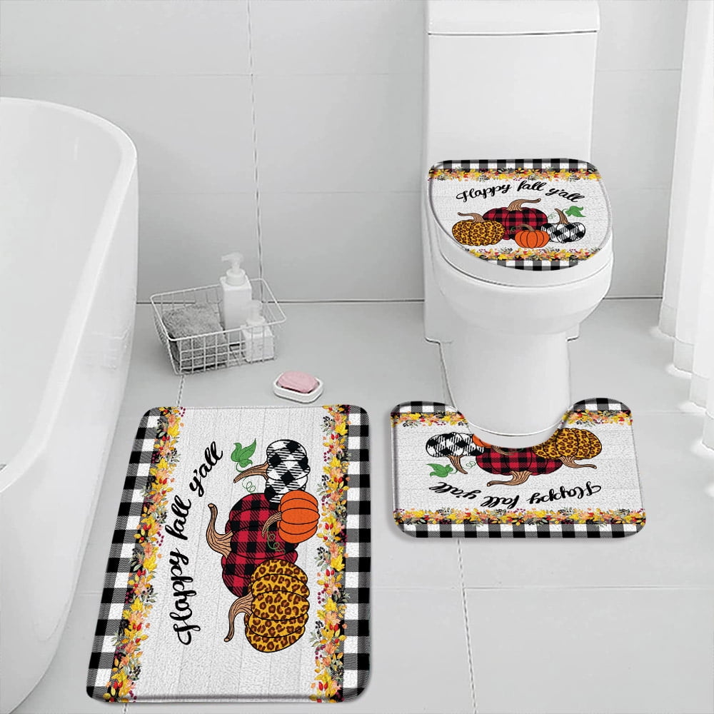 Autumn Bath Mat Set Pumpkins Maple Leaf Red Birds Fall Green Plant ...