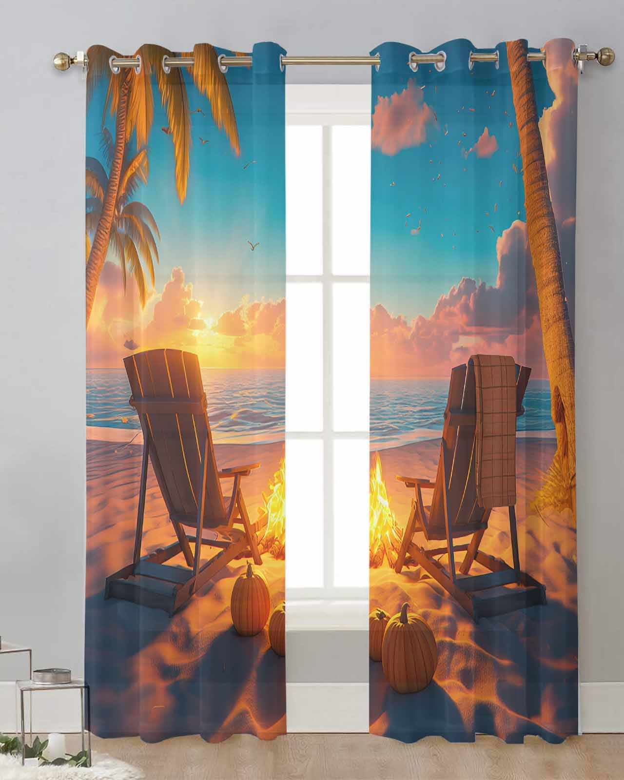 Autumn Beach Bonfire Chair Pumpkin Sunset Voile Curtain Window ...