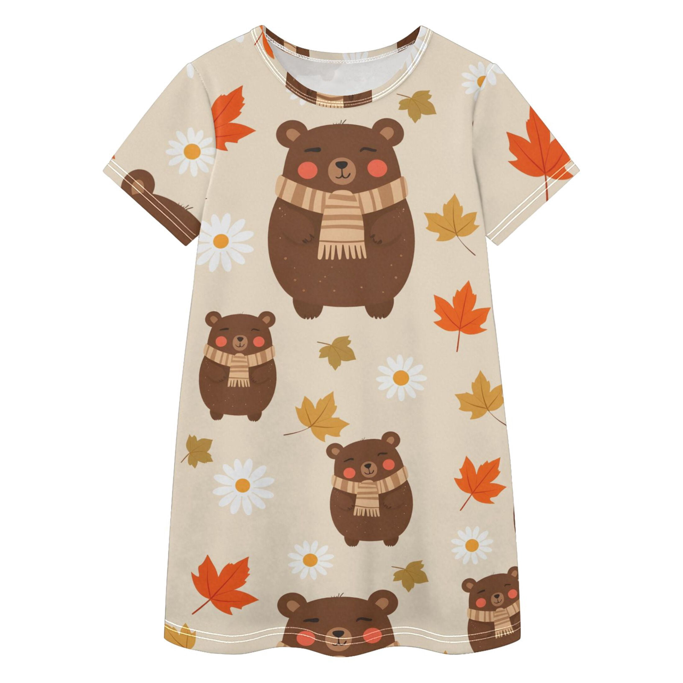 Autumn Bear Pattern Girls' Casual Dresses Short Sleeve Cotton Dress for ...