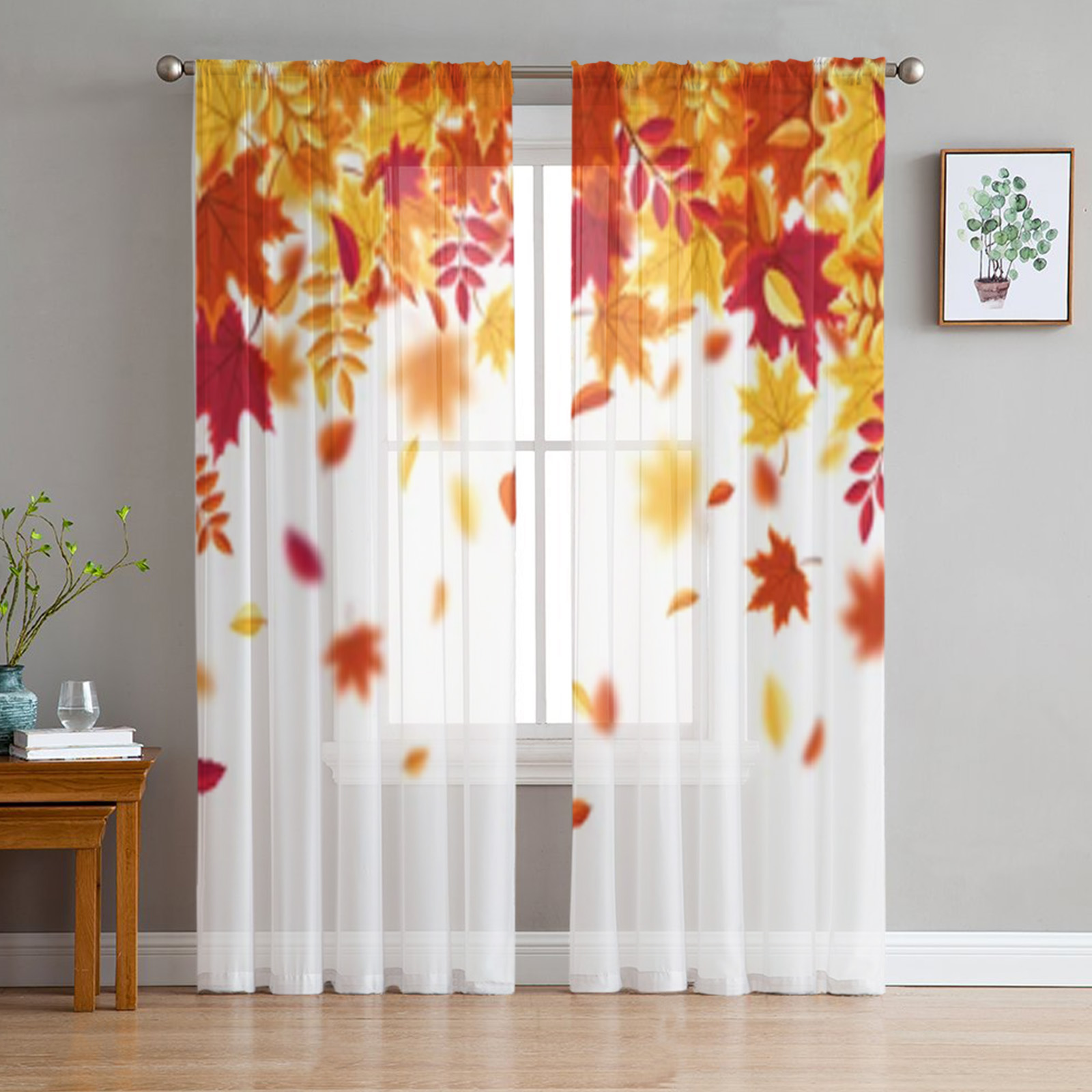 Autumn Beauty Leaves Yellow Sunshine Window Curtains Living Room Tulle ...