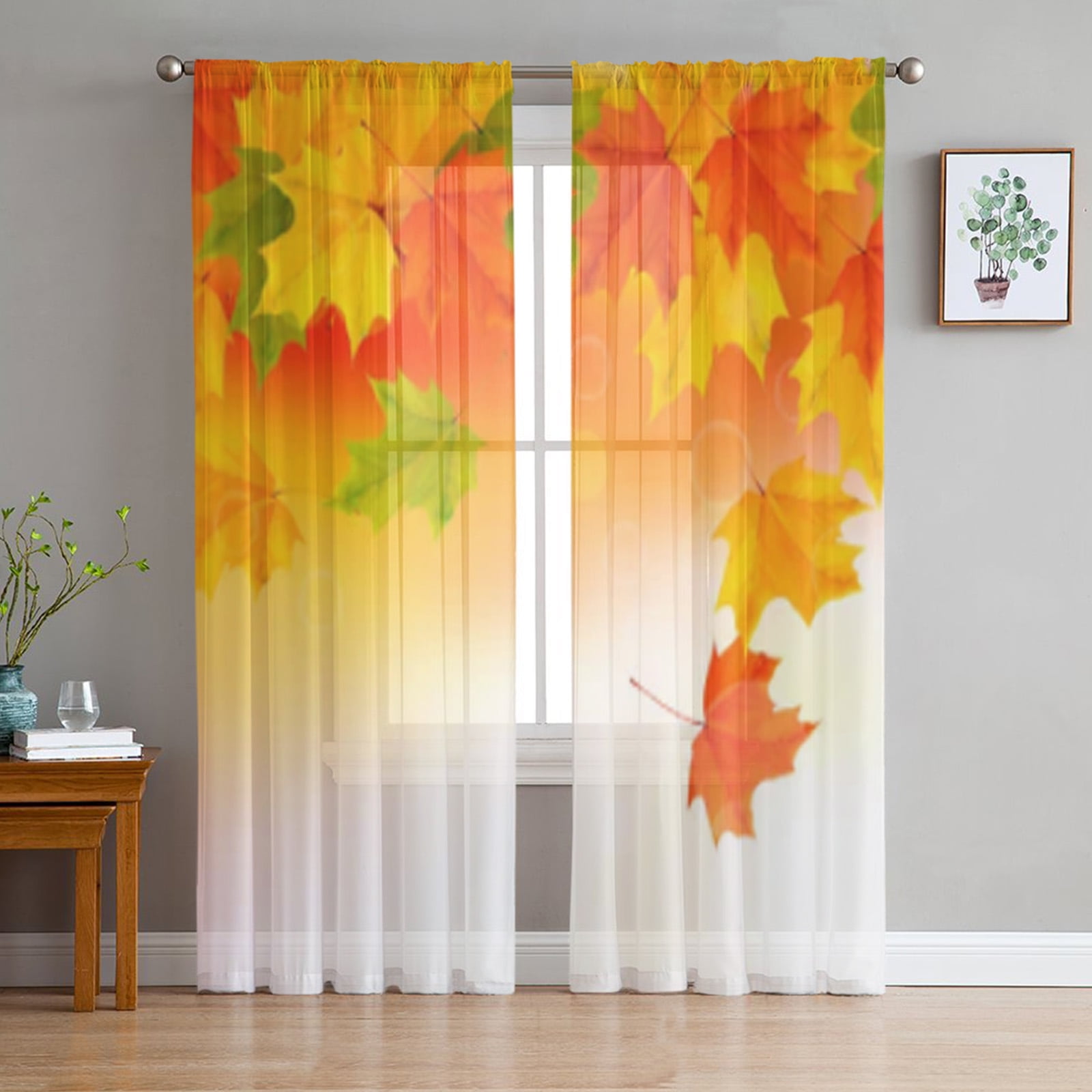 Autumn Beauty Leaves Yellow Sunshine Window Curtains Living Room Tulle ...