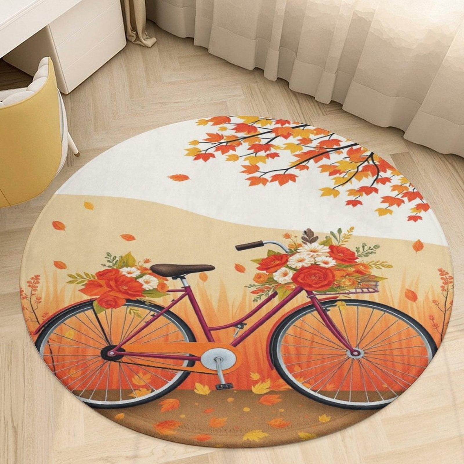 Autumn Bicycle Flowers Round Carpets Modern Living Room Ration Rugs ...