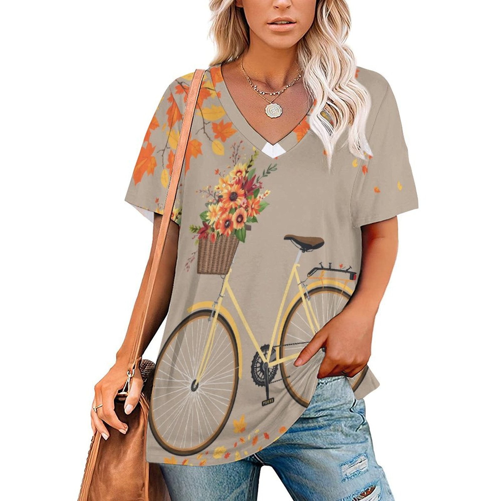 Autumn Bicycle Flowers T Shirts V Neck Short-Sleeve Printed Tshirt Women Classic Top Tees ...