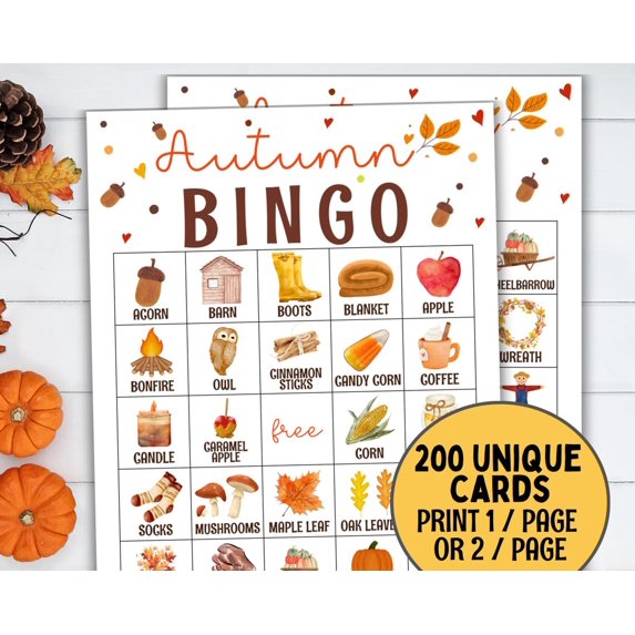Autumn Bingo, 200 Fall Bingo Cards, Fall Party Games for Adults, Class ...