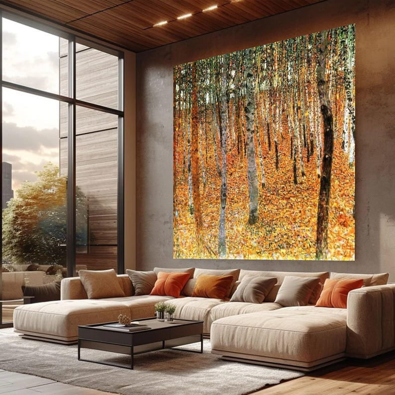 Autumn Birch Forest Canvas Wall Art, Gustav Klimt Orange Leaves ...