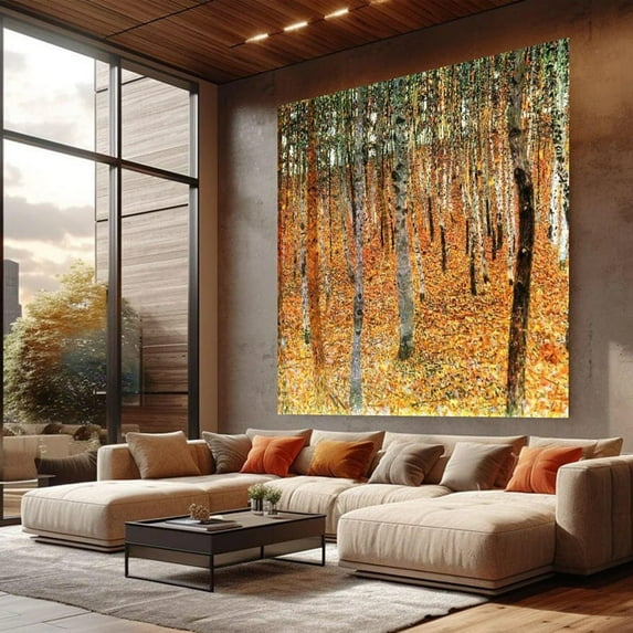 Autumn Birch Forest Canvas Wall Art, Gustav Klimt Orange Leaves ...