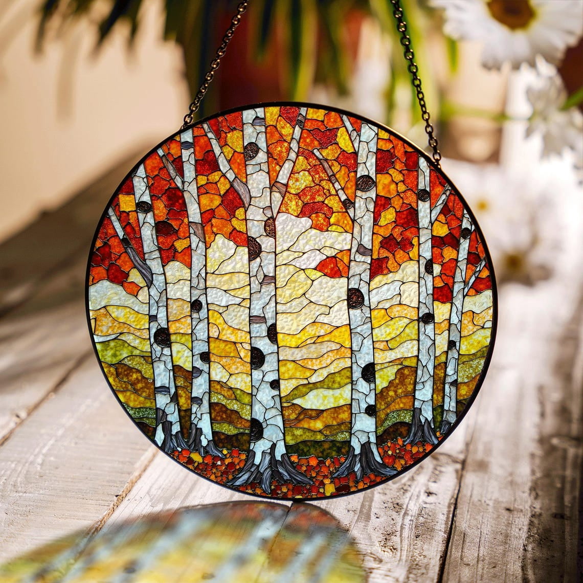 Autumn Birch Forest Glass Suncatcher, Round Window Hanging, Nature ...