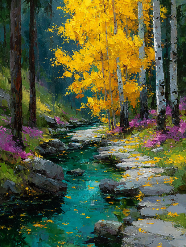 Autumn Birch Forest Path Canvas Wall Art, Impressionist Creek Print ...