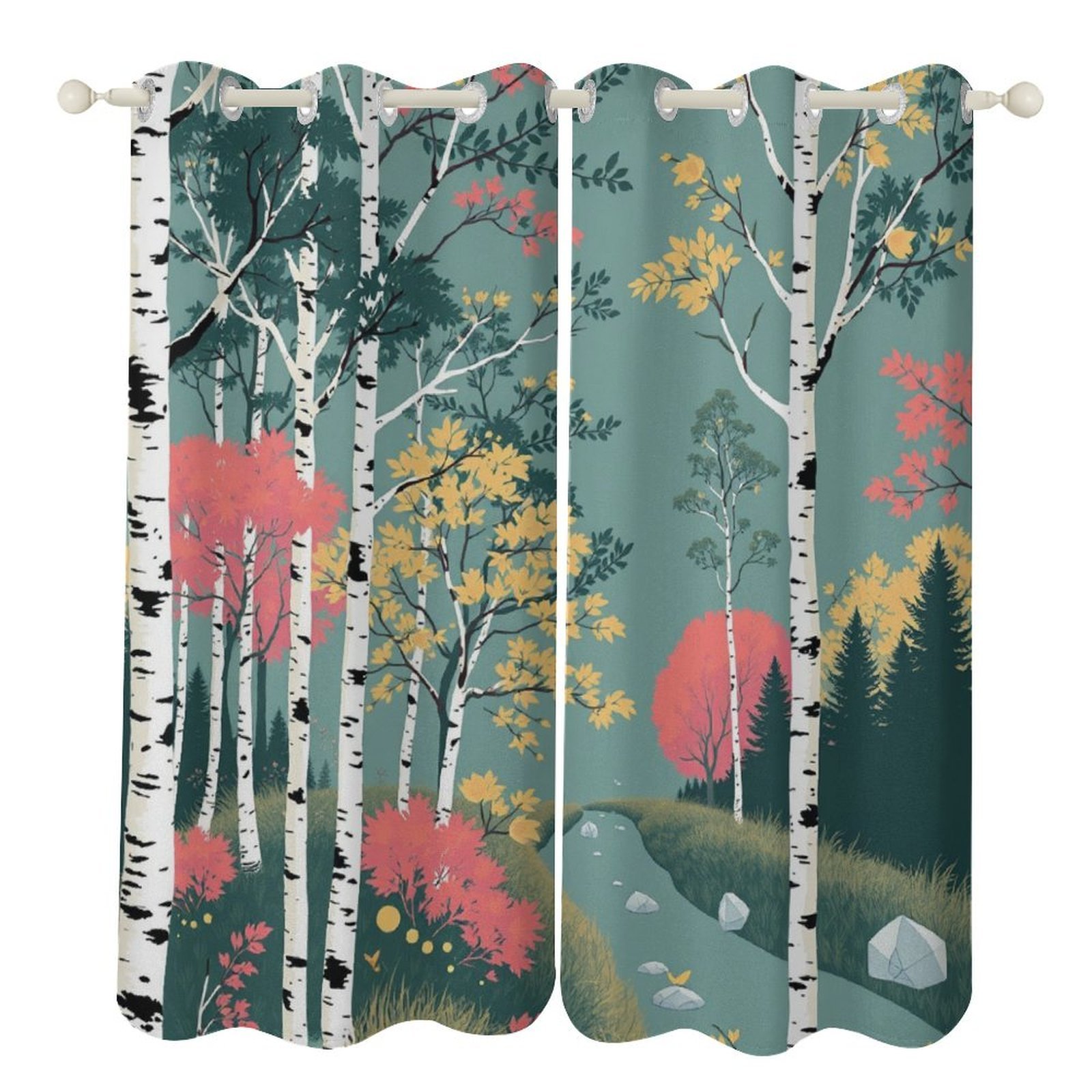 Autumn Birch Forest Stream Curtains Outdoor Decor Curtain Panels With ...