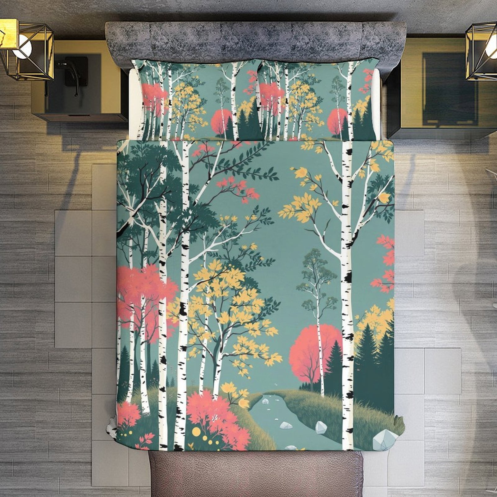 Autumn Birch Forest Stream Duvet Cover Bedding Set Quilt Cover Floral ...