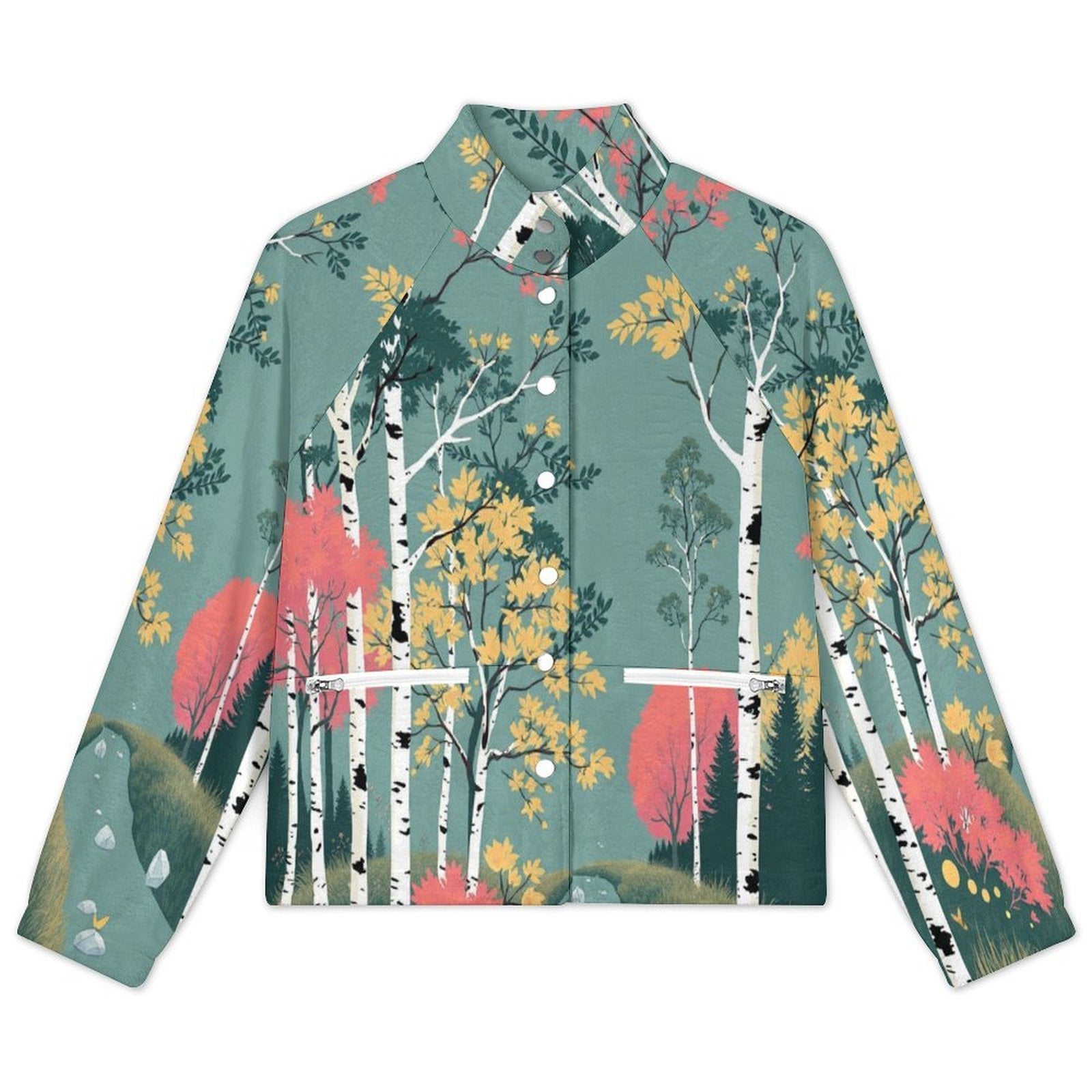 Autumn Birch Forest Stream Fall Winter Women Jacket Stand Collar Thick ...