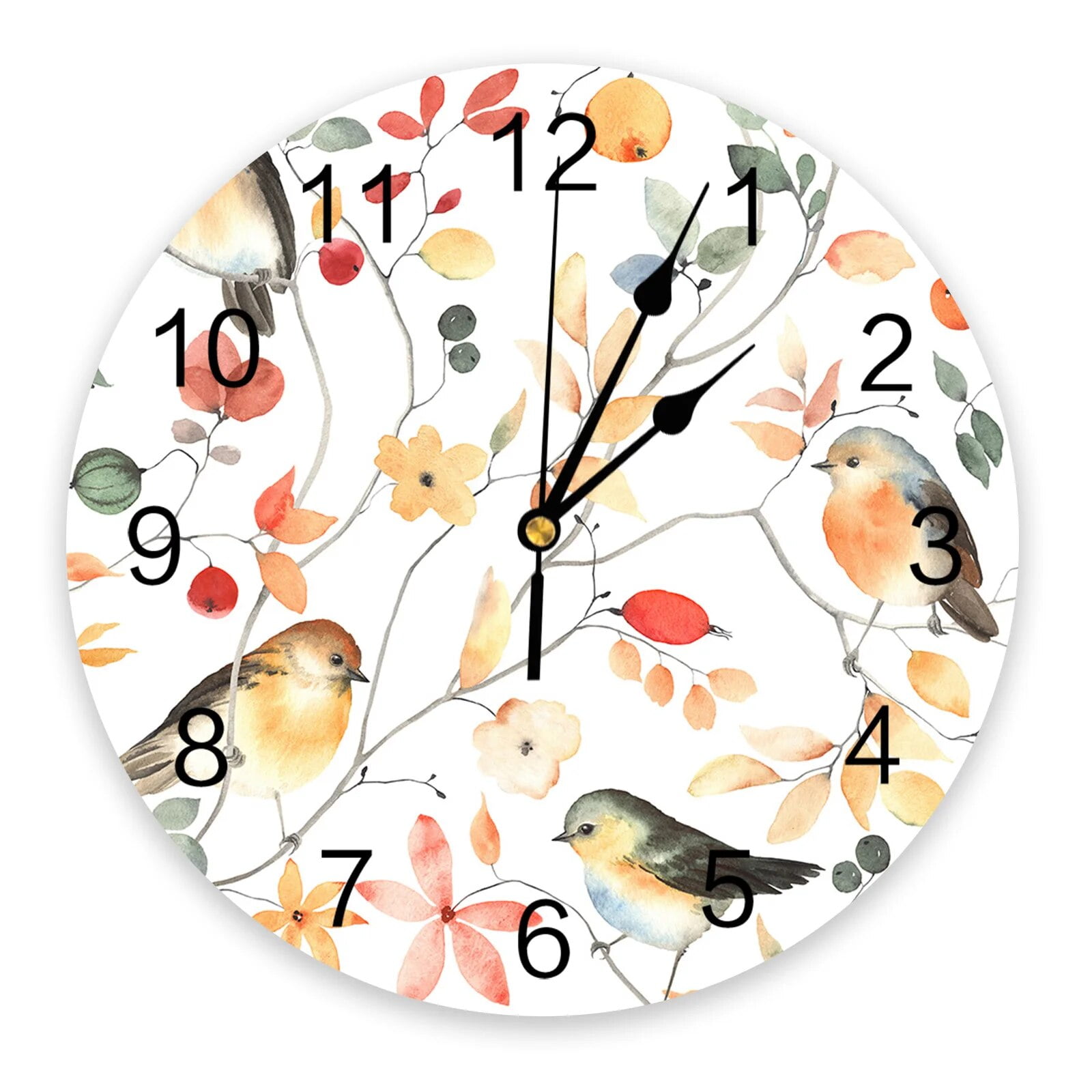Autumn Bird Flowers Tree Branches Wall Clock Large Modern Kitchen ...