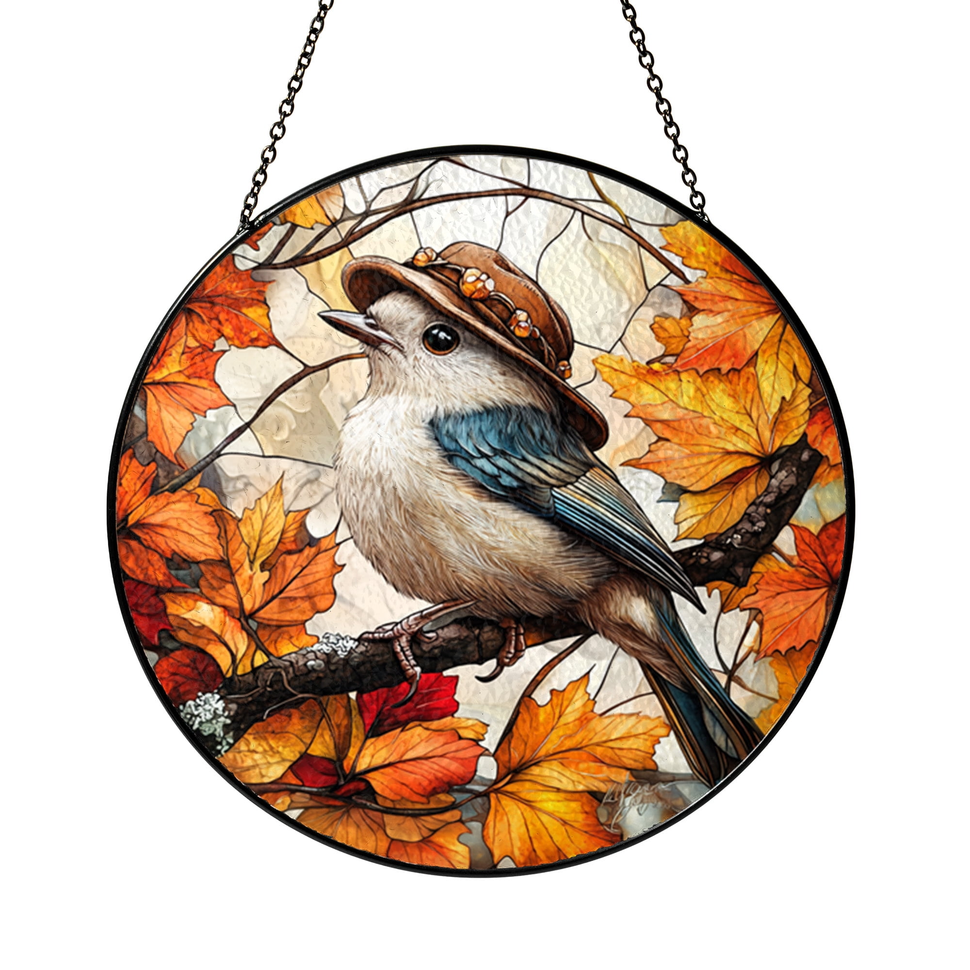 Autumn Bird Stained Glass Suncatcher – Fall Leaves Rustic Window Art ...