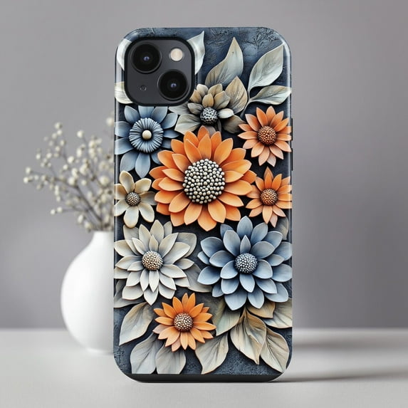 Autumn Bloom Aesthetic 3D Floral MagSafe Case with Blue and Orange Flowers for 17 16 15 14 13 12 ...