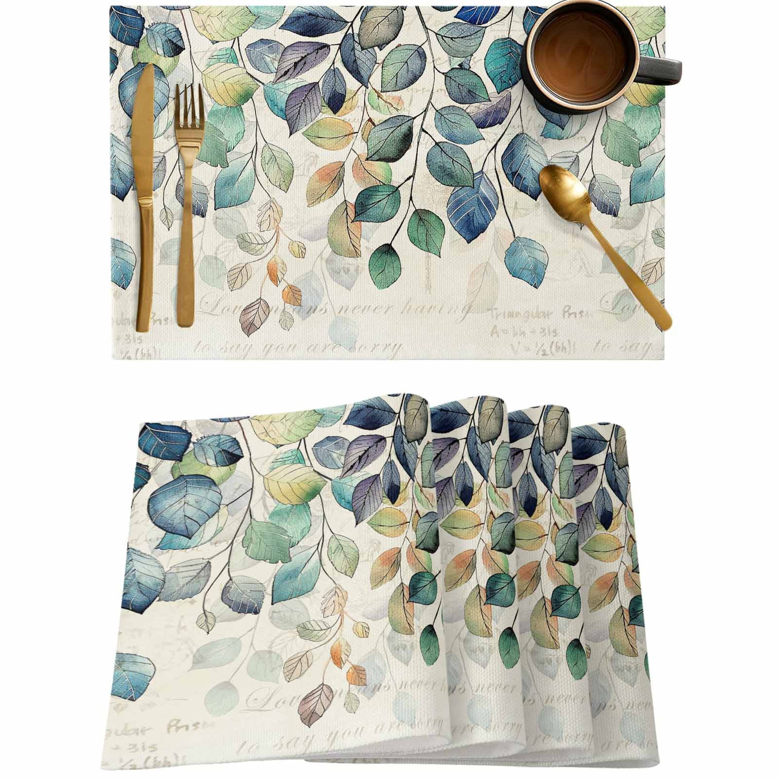Autumn Blue Eucalyptus Leaves Placemats Set of 4,Wipeable Washable Table Mats for Dining Tables ...