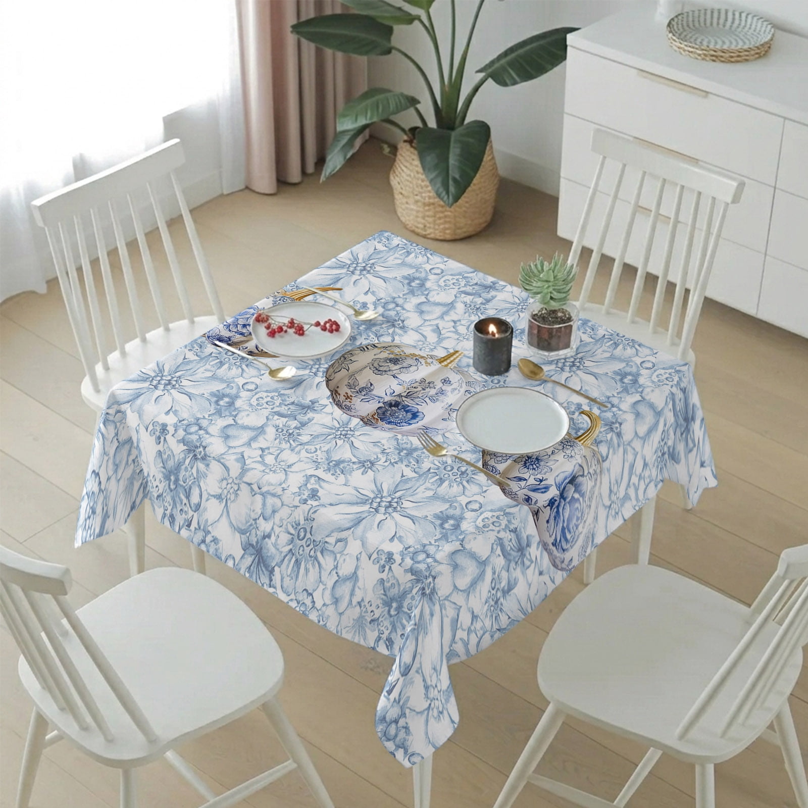Autumn Blue Floral on White Pumpkin Table Cloth 60x60in, Waterproof ...