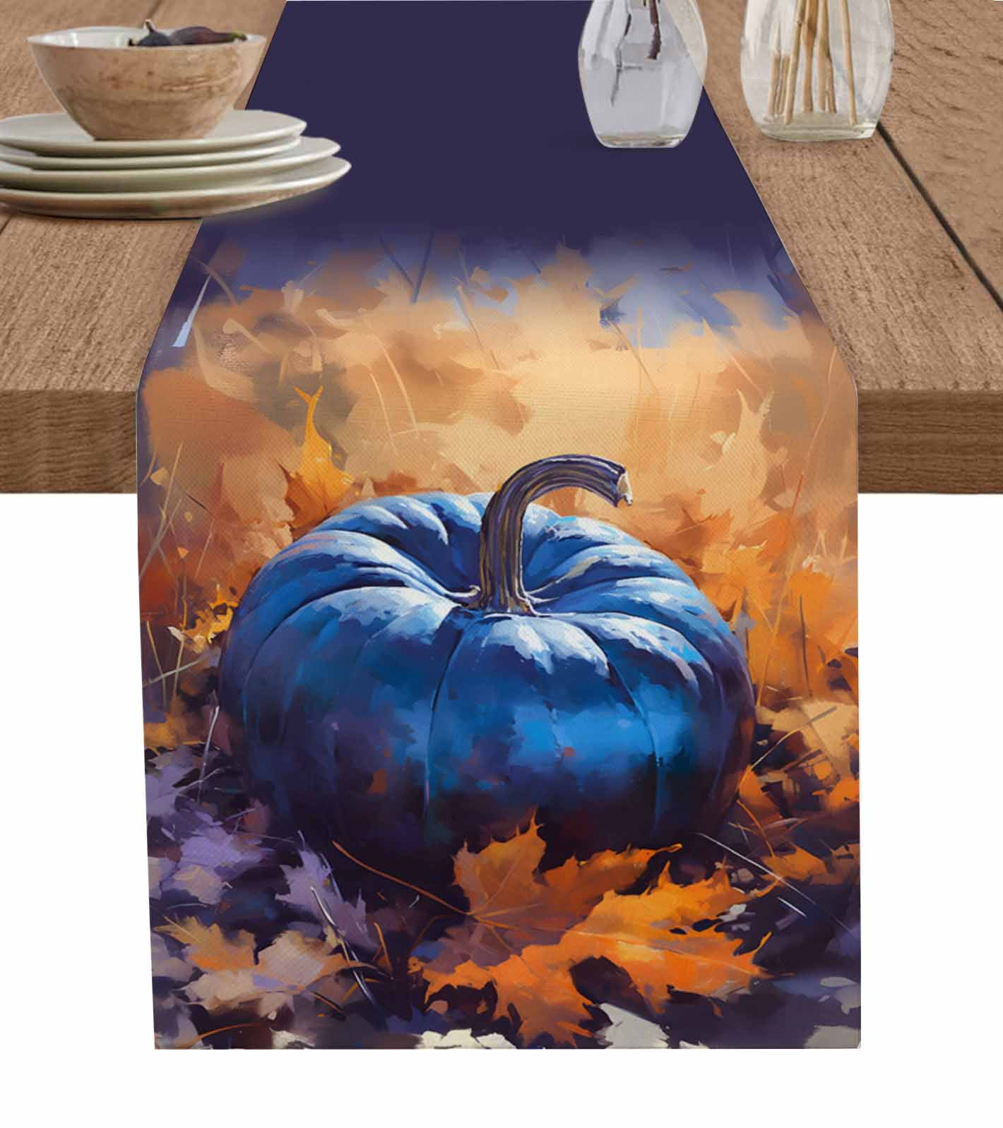 Autumn Blue Pumpkin Maple Leaf Vintage Oil Painting Table Runner ration ...