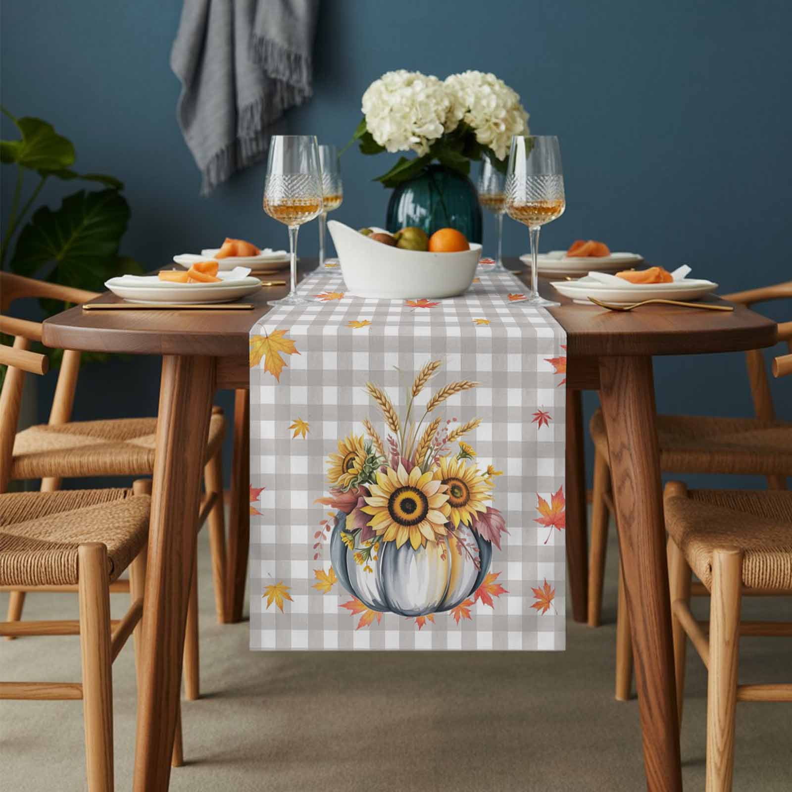 Autumn Blue Pumpkins Sunflowers Leaves Table Runner-36 Inch Long Grey ...