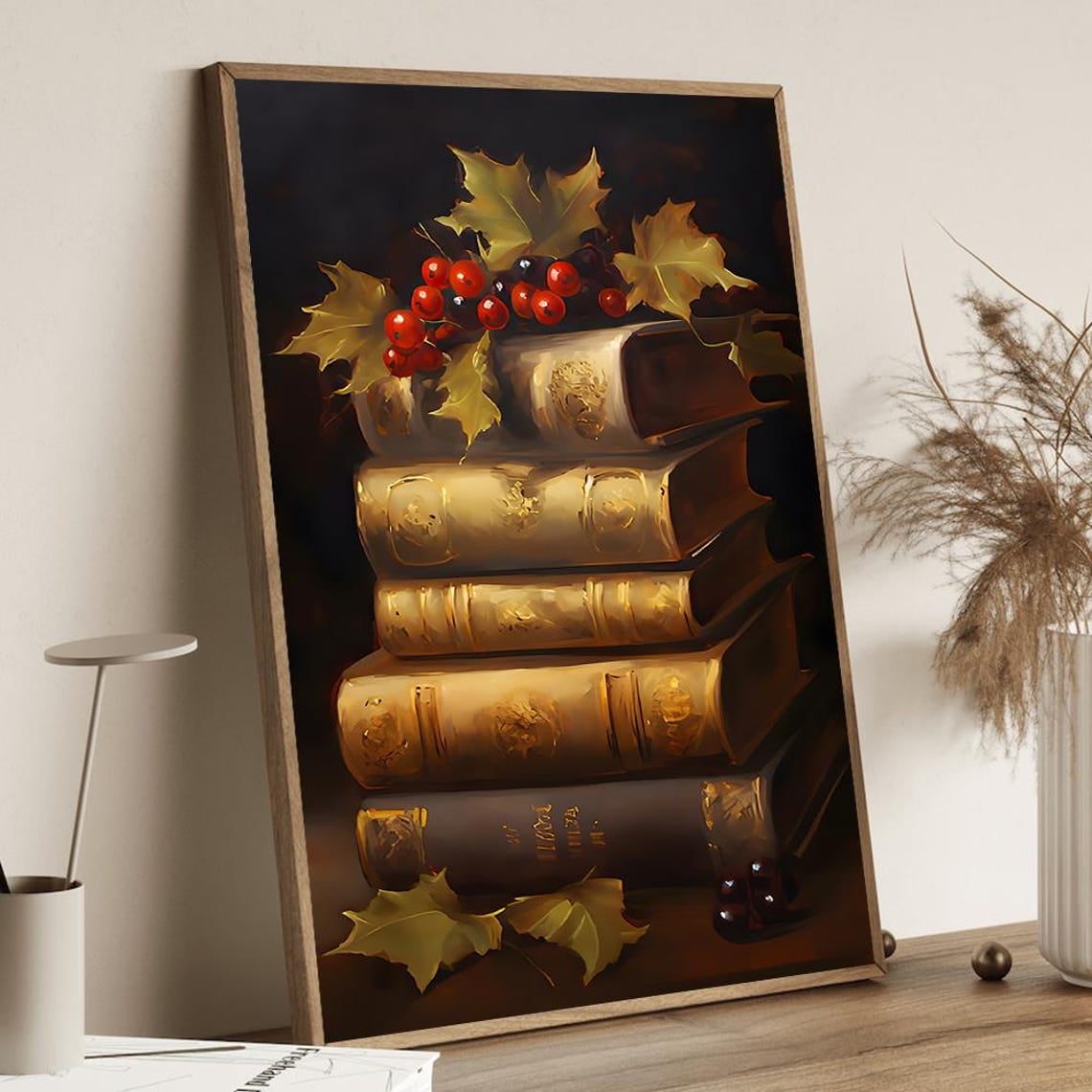 Autumn Book Stack Art Cozy Library Wall Decor Home Decor, 24x36 ...