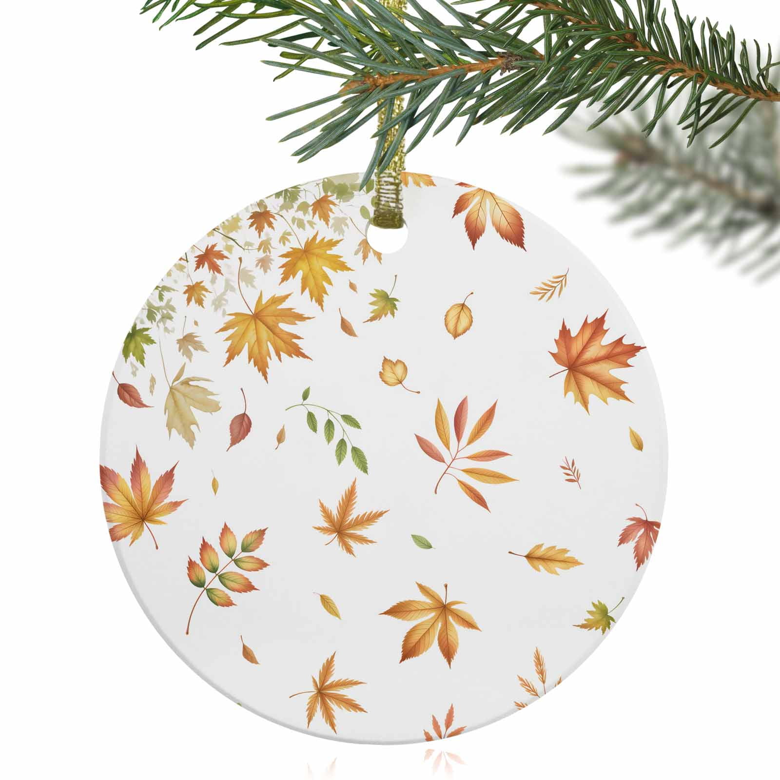 Autumn Botanical Maple Leaves Christmas Ceramic Ornament 2025,3" Round Xmas Tree Hanging ...