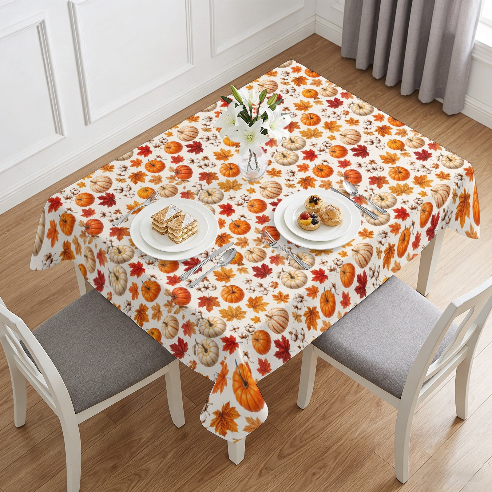 Autumn Botanical Pumpkin Table Cloth 60x84in, Waterproof Rectangle ...