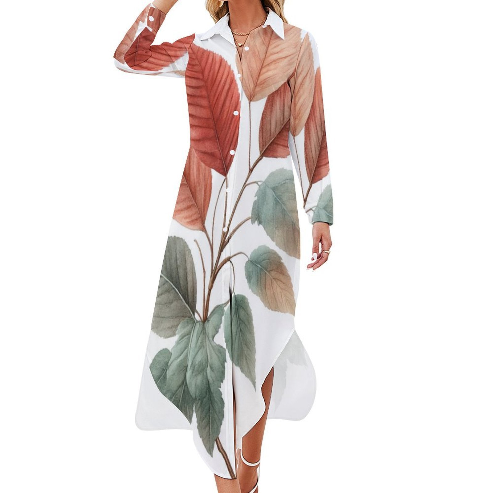 Autumn Branch Watercolor Leaves Art Shirt Dress Long Sleeve Street ...