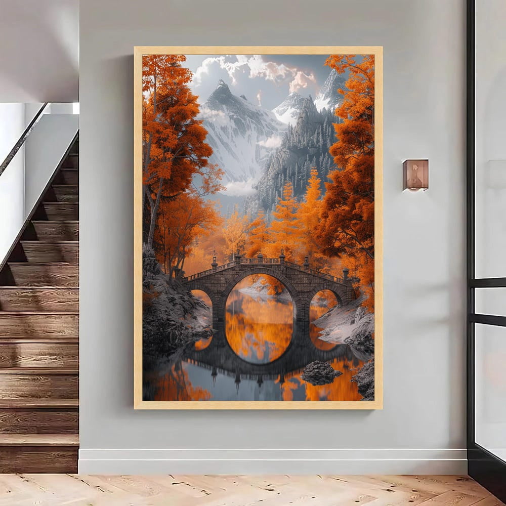Autumn Bridge Art Print Mountain Lake Reflection Nature Wall Art ...
