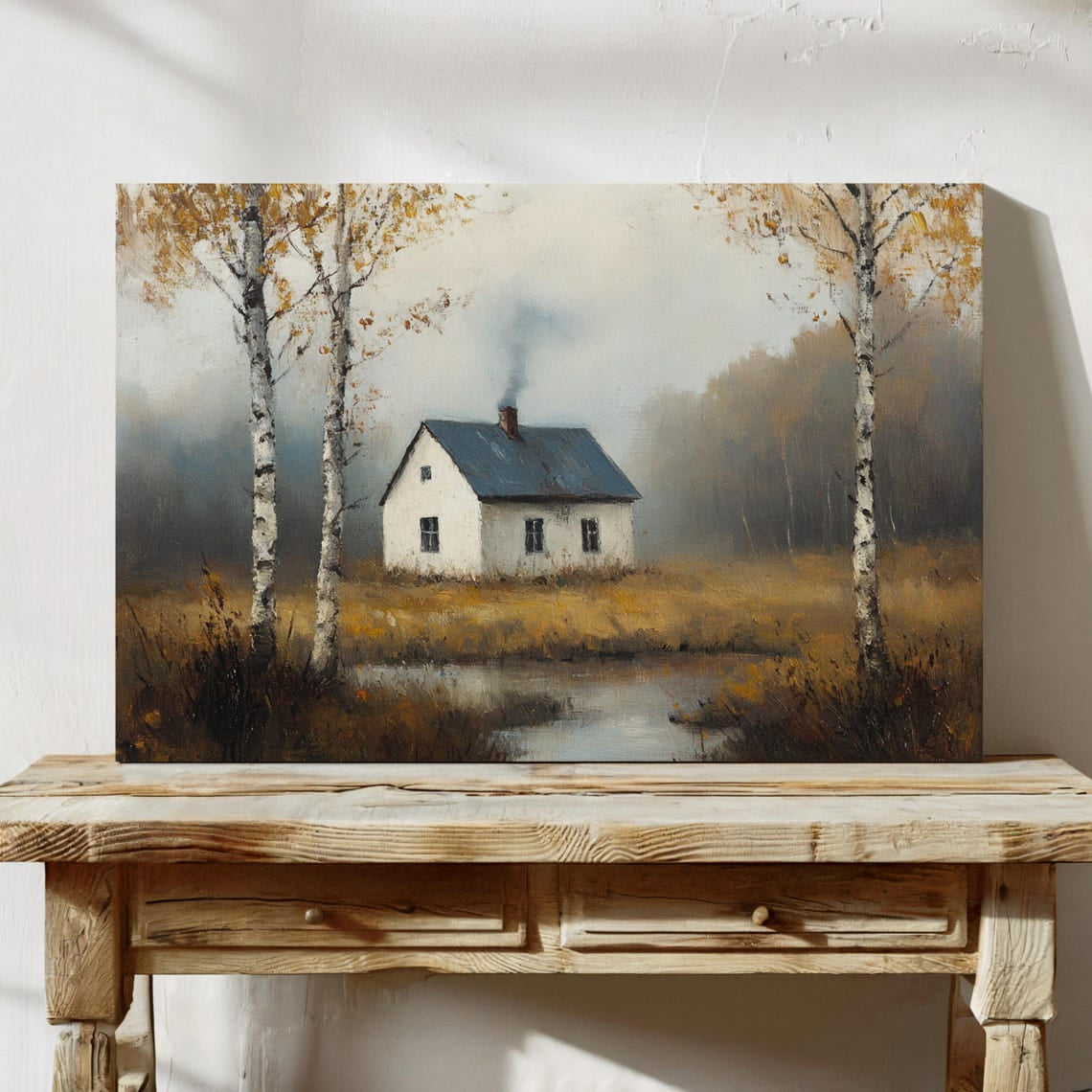 Autumn Cabin In Birch Forest Print, Cozy Fall Landscape Wall Art ...